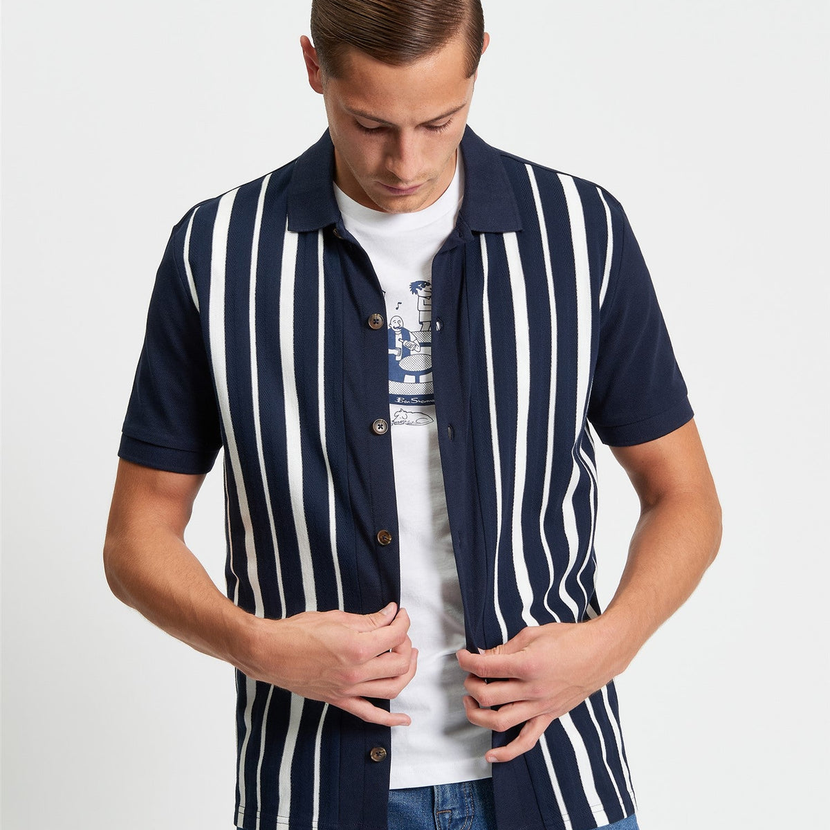 Button Through Stripe Polo in Dark Navy – Partisan and Co